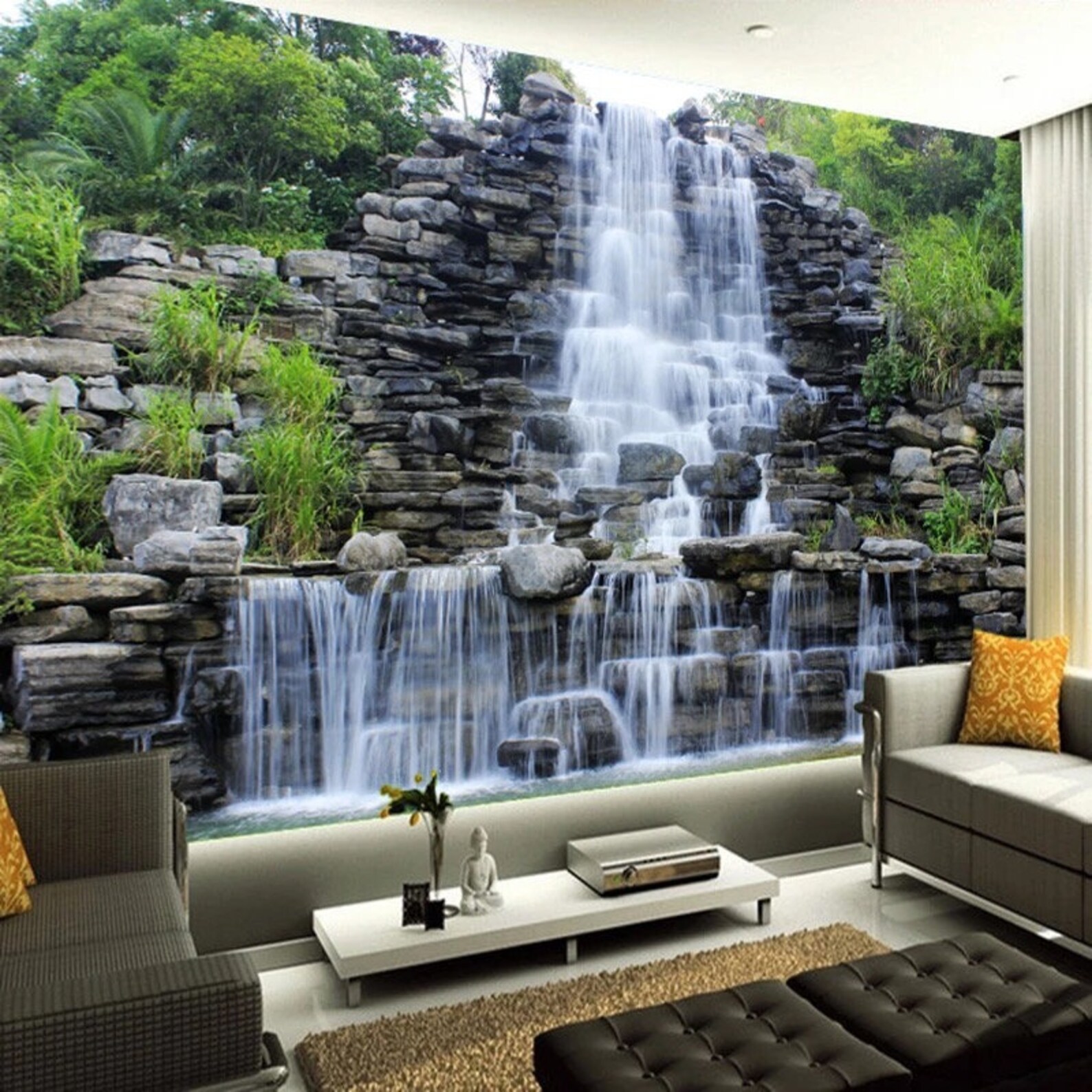 Waterfall Wallpaper Waterfall Wall Mural Nature Forest Etsy UK