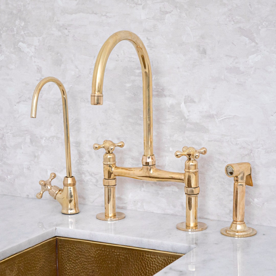 Unlacquered Brass Kitchen Faucet, Brass Bridge Faucet With Sprayer and ...