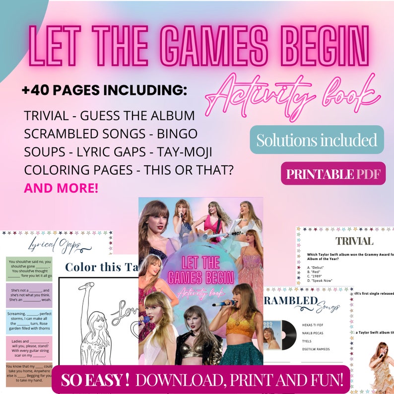 Taylor Party Bundle, Swiftie Activities, Swift Party Games, PDF Download Printable, Eras Tour ...