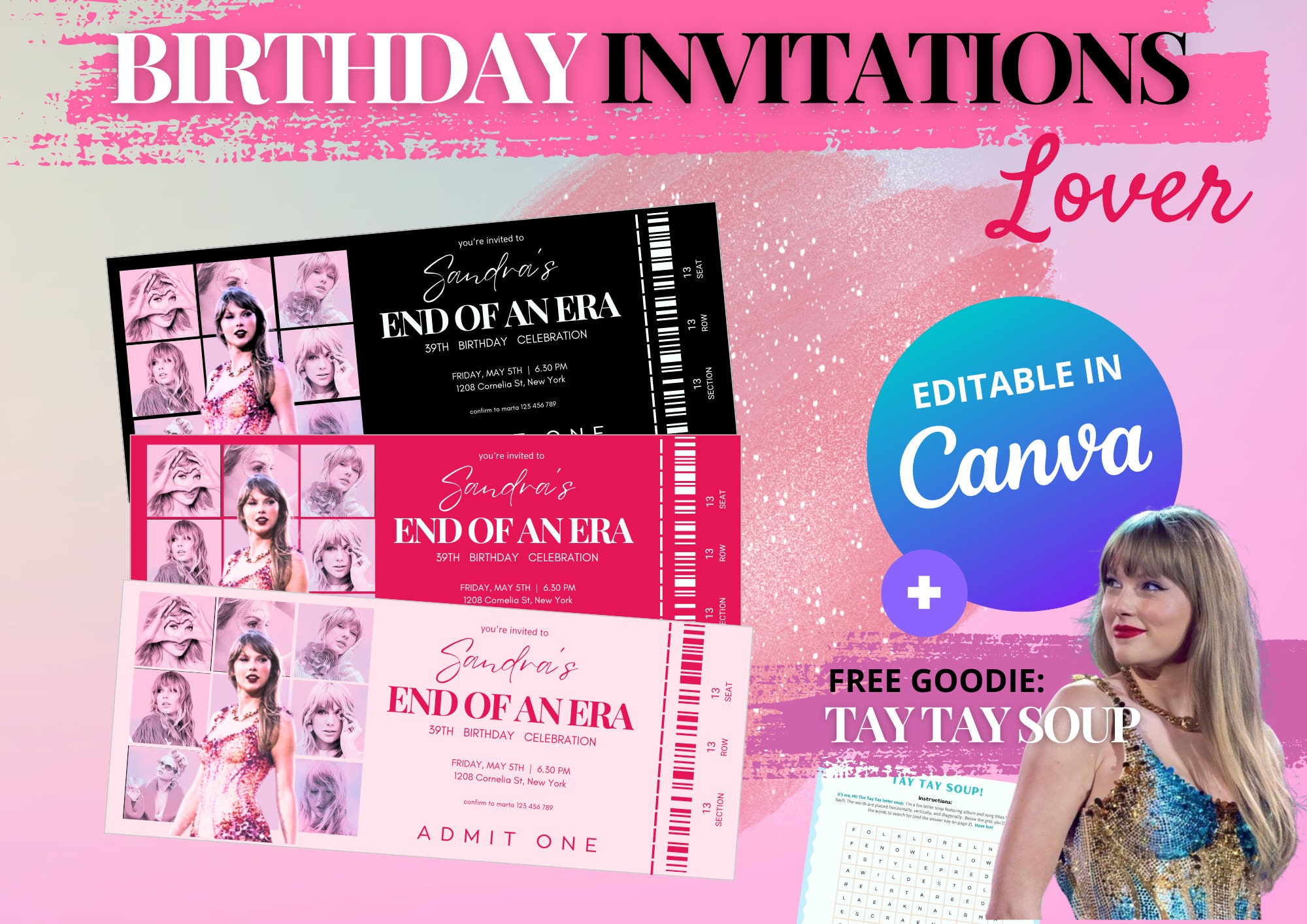 Editable Taylor Swift Eras Lover Tour Birthday Cumpleaños Happy Party ...