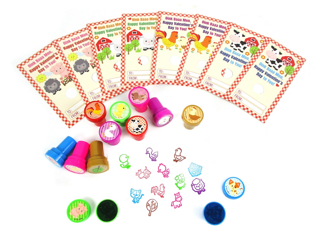 36pcs Farm Animal Barnyard Valentine's Day Cards With Stampers for ...