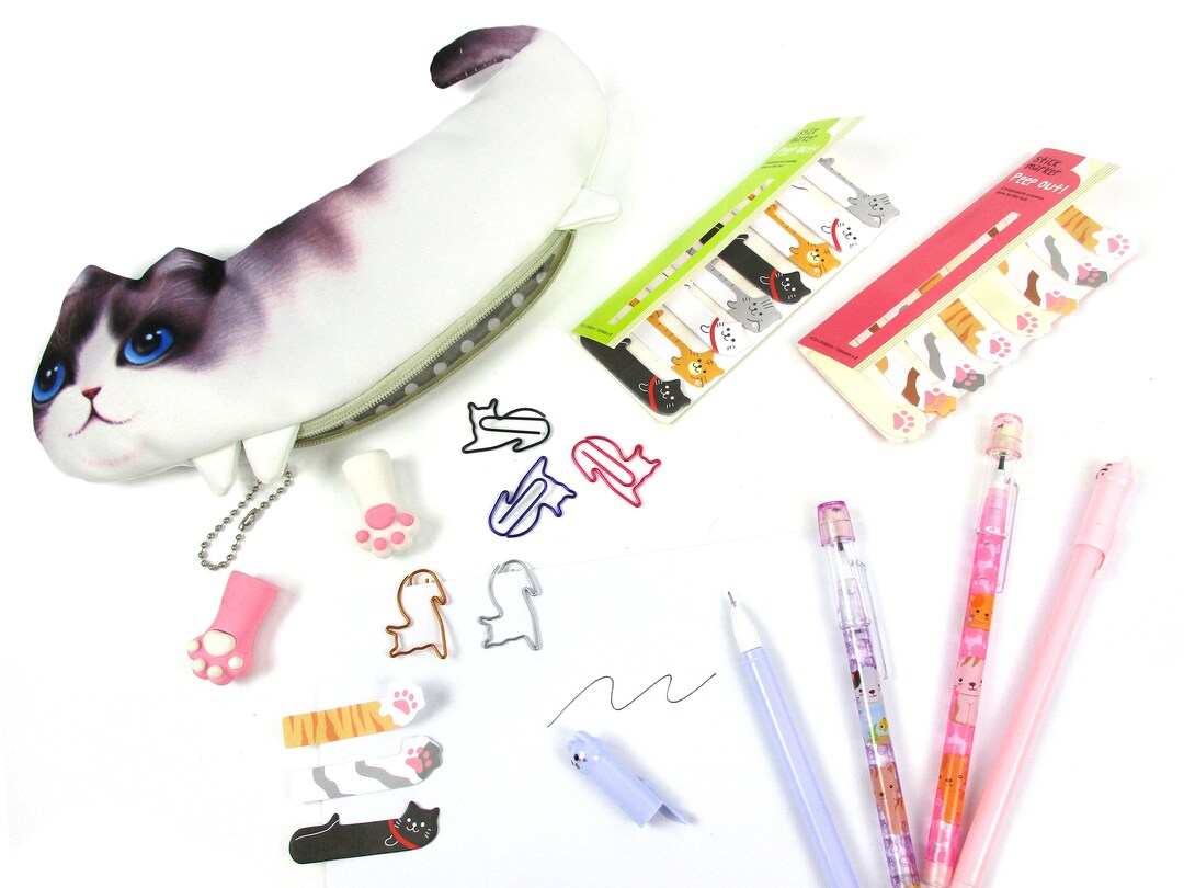 Cute Cat Stationery Set - Pen Case, Pens, Clips, and Sticky Notes ...