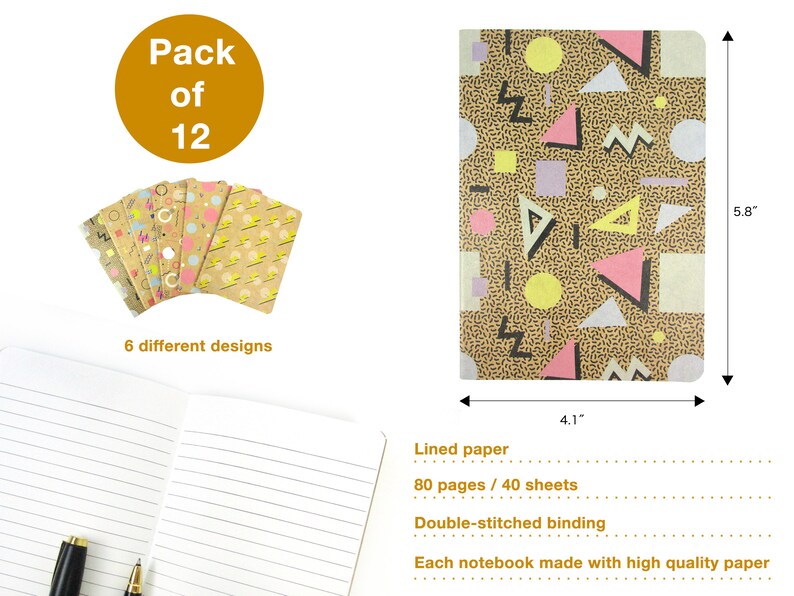 80s Themed Retro Geometric Kraft Notebooks - 6 Pack Lined Travel Pocket ...