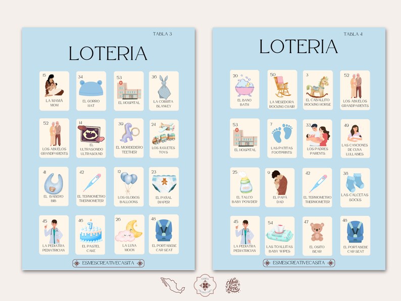 Babyshower Games | Boy Babyshower Loteria | Loteria Mexicana Bilingual ...
