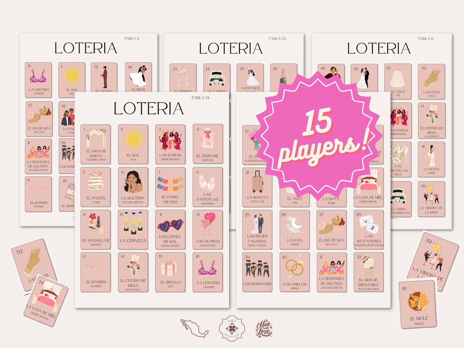 Wedding Loteria for 15 Players | Bachelorette, Bridal Shower Loteria ...