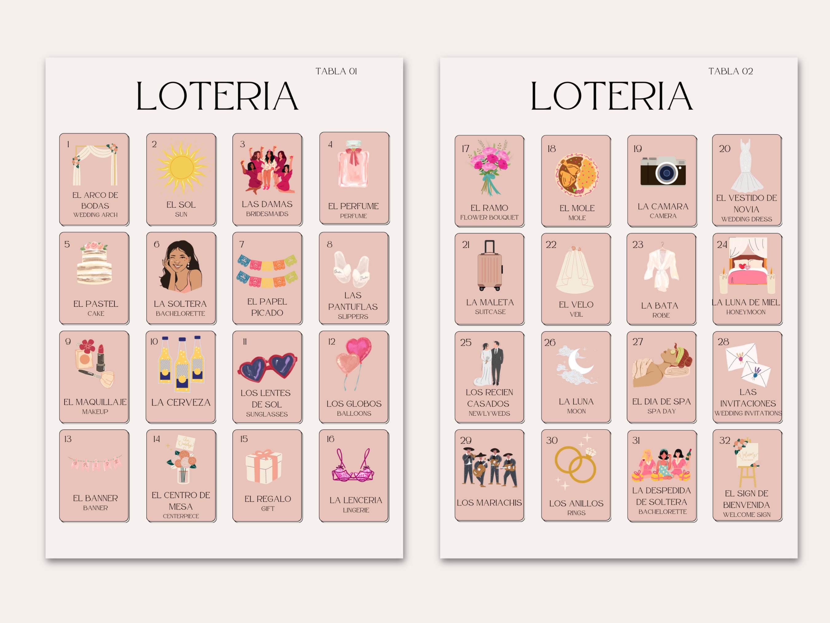 Wedding Loteria for 15 Players | Bachelorette, Bridal Shower Loteria ...