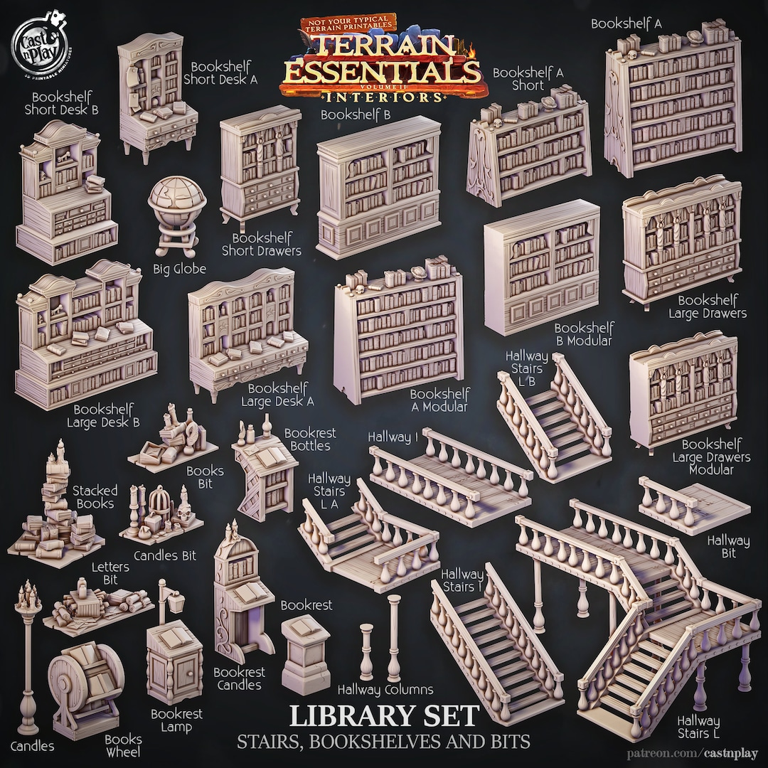 Library Bookshelves and Bits Terrain D&D Pathfinder Fantasy 3D Printed ...