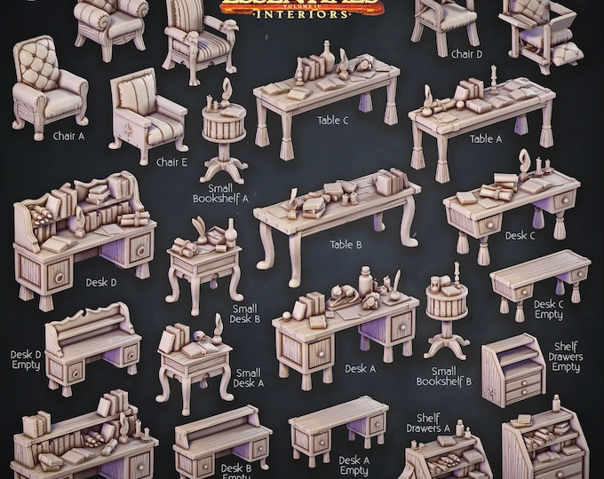 Library Desks, Tables and Chairs Terrain D&D Pathfinder Fantasy 3D ...