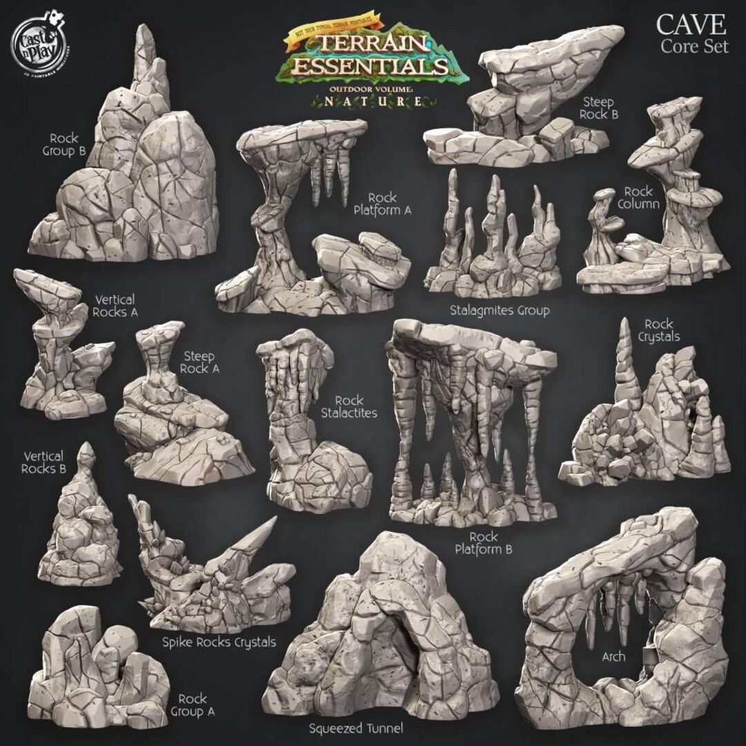 Cave Terrain Set 15 Pieces D&D Pathfinder Fantasy 3D Printed Resin Miniature Designed by Cat N ...