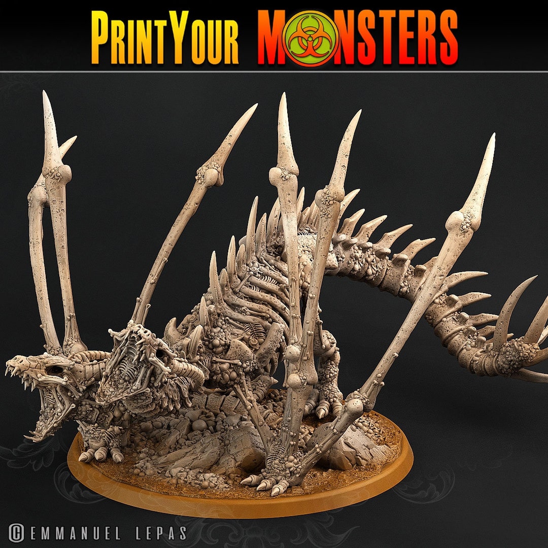 Screaming Two Headed Dracolich Skeleton Dragon 100MM Base D&D Pathfinder Fantasy 3D Printed ...