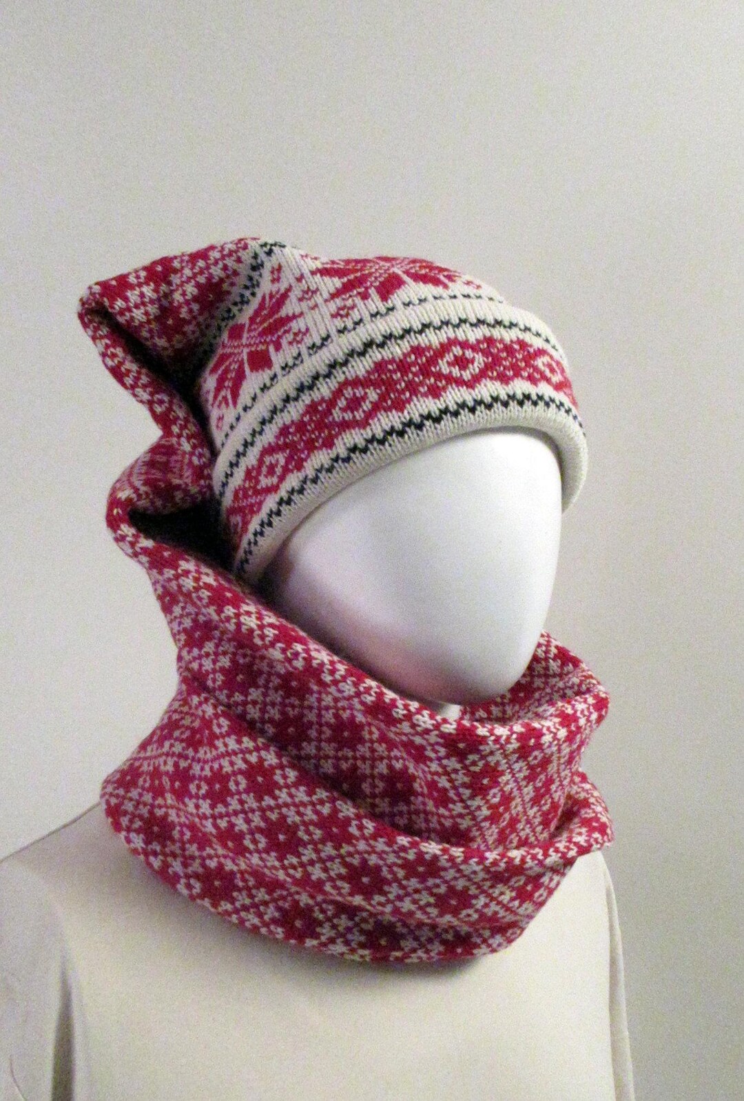 Long Knit Hat Scarf: North Stars Knitted Stocking Cap Red and White. - Etsy