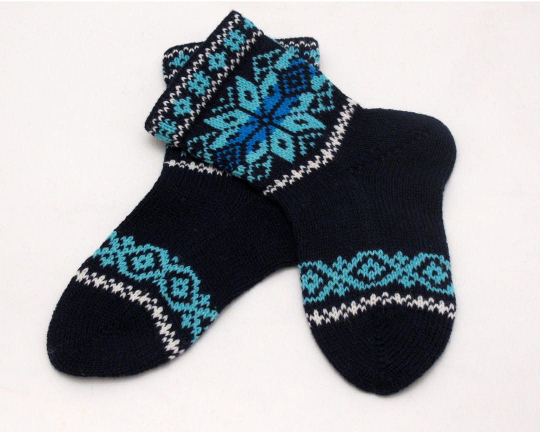 Knitted Blue Norwegian Wool Socks, Fair Isle Pattern, Scandinavian ...