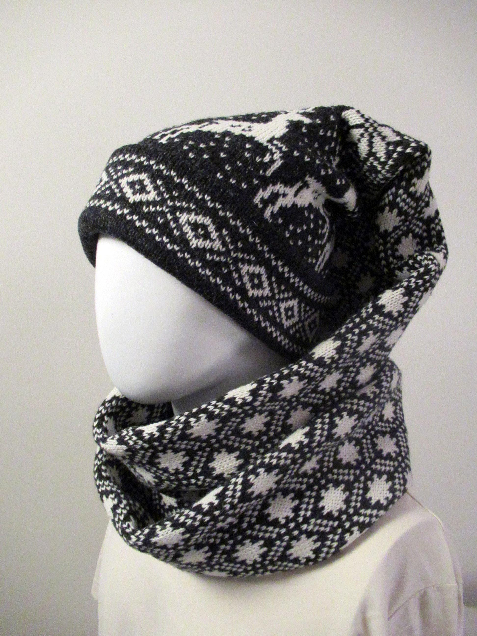 Long Knit Hat Scarf: Reindeer Knitted Stocking Cap Dark Gray and White ...