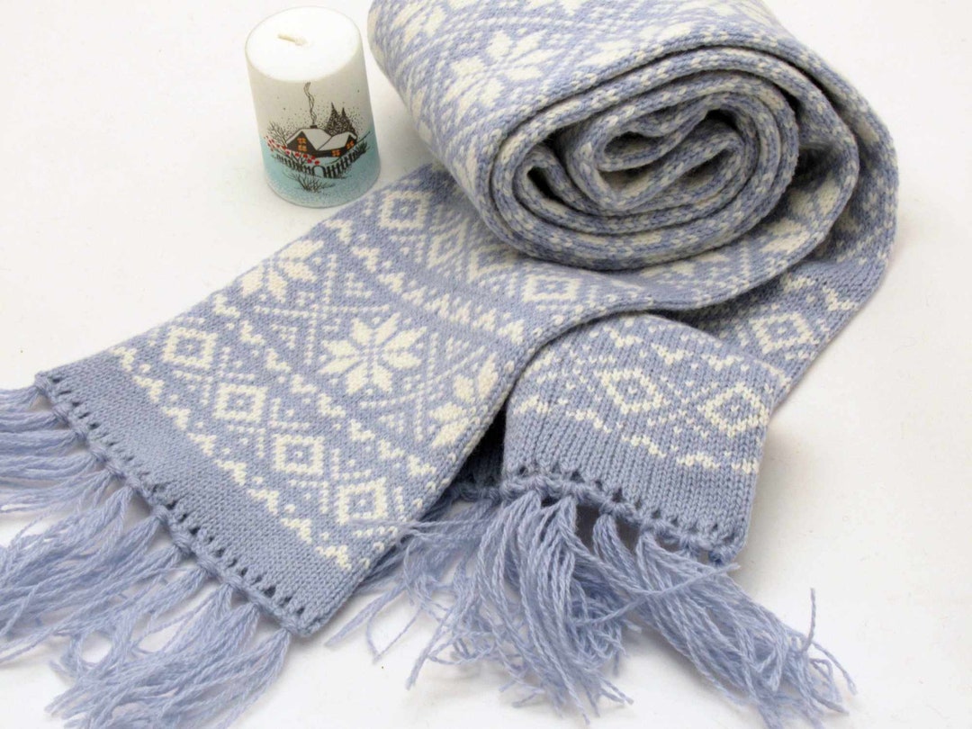 Knitted Scandinavian Wool Scarf Long Blue & White Nordic Pattern Winter ...