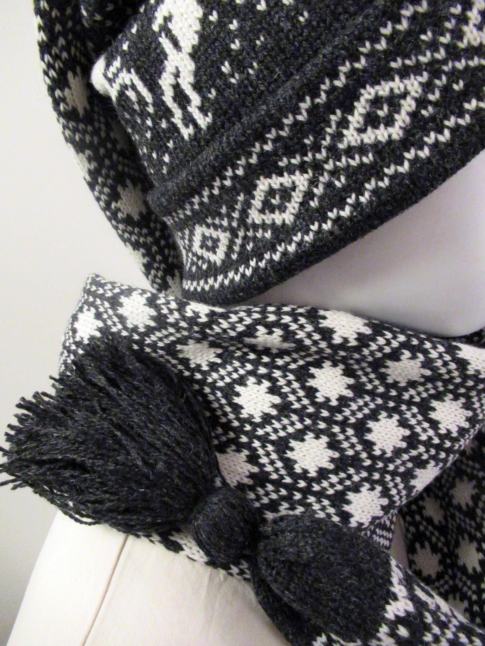Long Knit Hat Scarf: Reindeer Knitted Stocking Cap Dark Gray and White ...