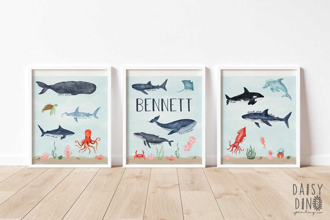 Personalized Sea Life Scenery, Set of 3, Nursery Wall Art Printable - Etsy