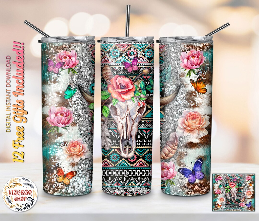 Cow Skull Cowhide Aztec Western Floral Pattern 20 Oz Skinny - Etsy