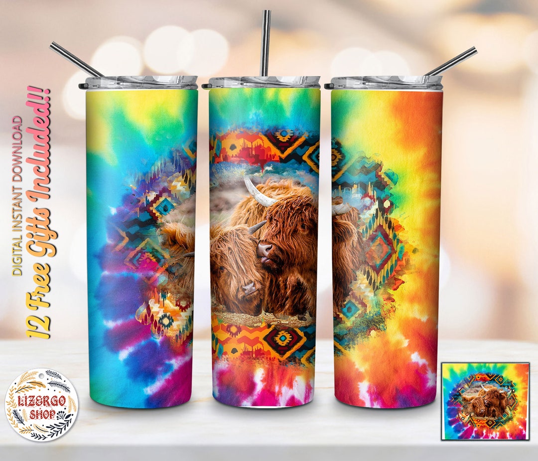 Highland Cow Aztec Tie Dye Pattern 20 Oz Skinny Tumbler Wrap ...