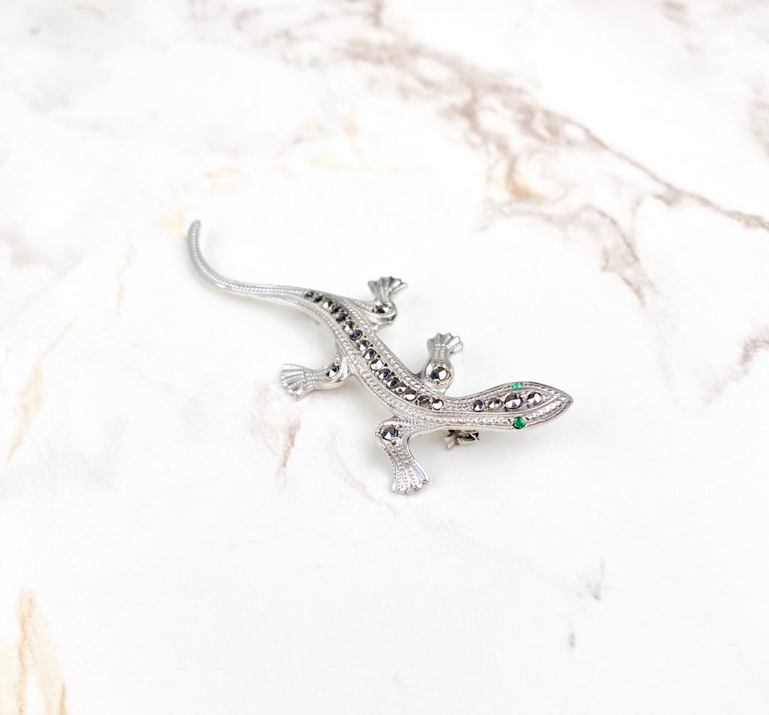 Small Vintage Silver Salamander / Lizard Brooch With Marcasite Stones ...
