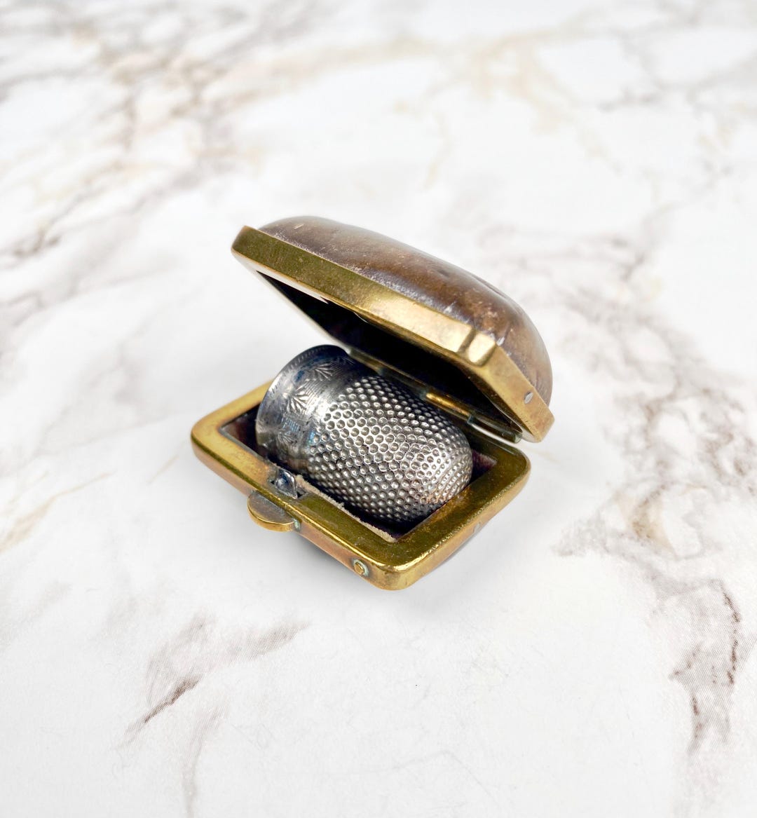 Cute Miniature Antique Silver Thimble in Original Brass & Leather Case ...