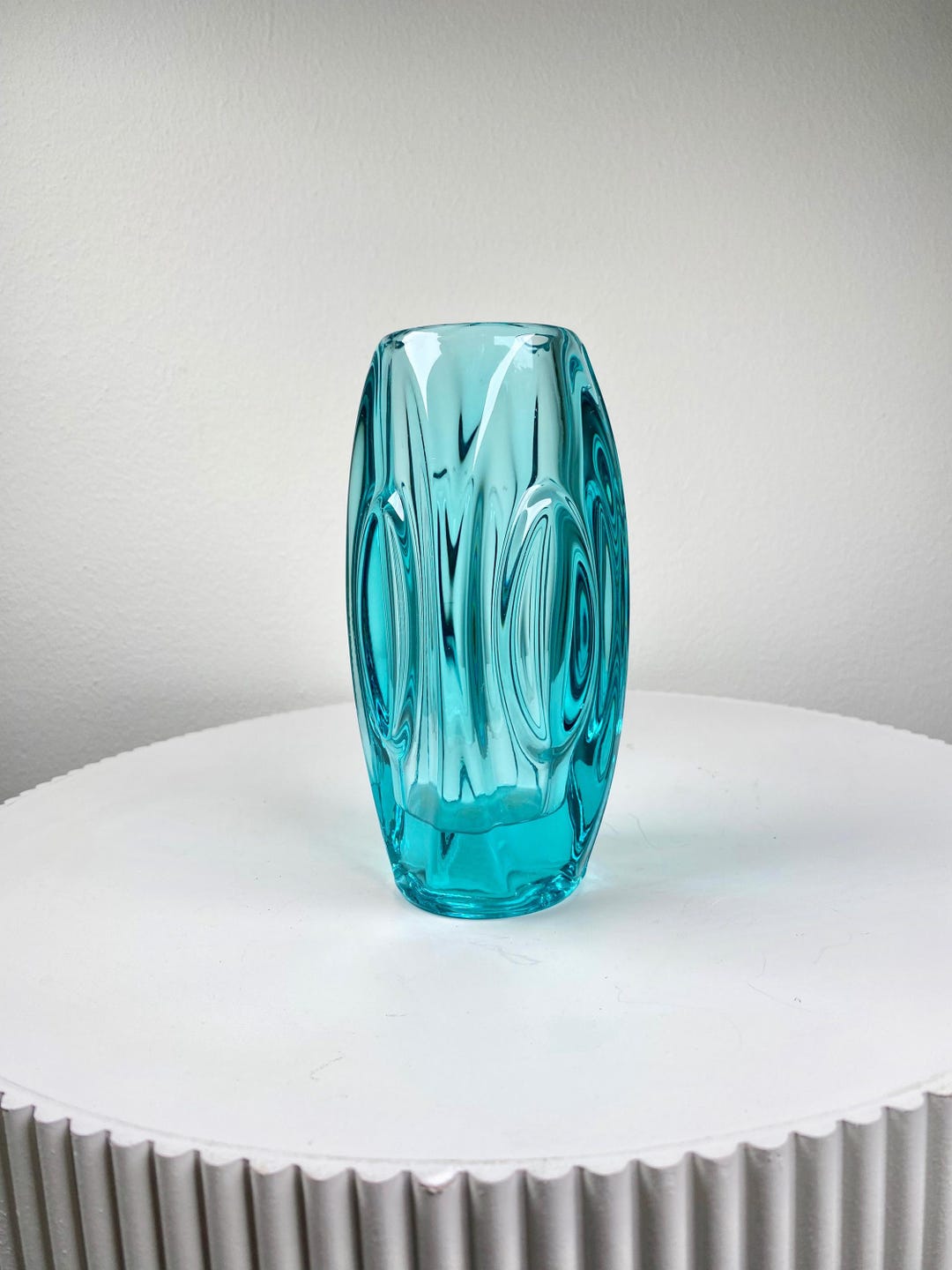 1950s Vintage Czech Sklo Union 'lens' Turquoise Glass Vase / Flower Pot ...