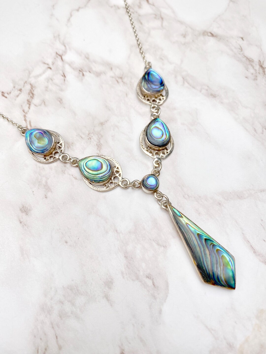 Vintage Abalone Shell Lariat Y Silver Necklace Blue Bohemian Style ...