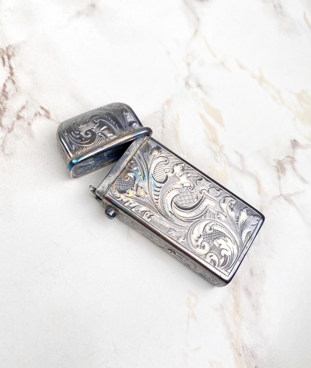 Antique Silver Lighter / Old Tinder Box With Decorative Floral Art ...