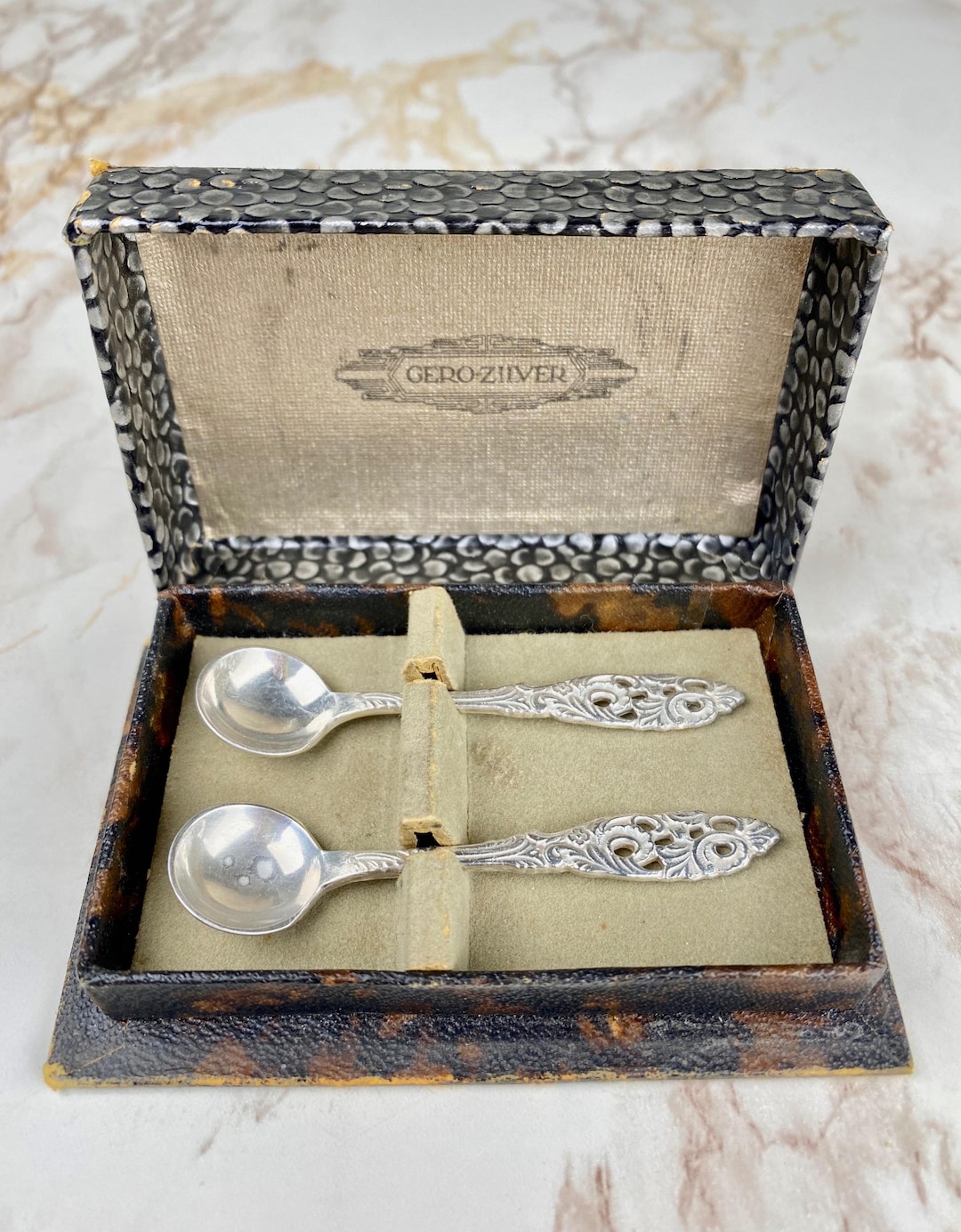 Pair of Small Dutch Antique Gero Silver Plated Miniature Salt Spoons ...