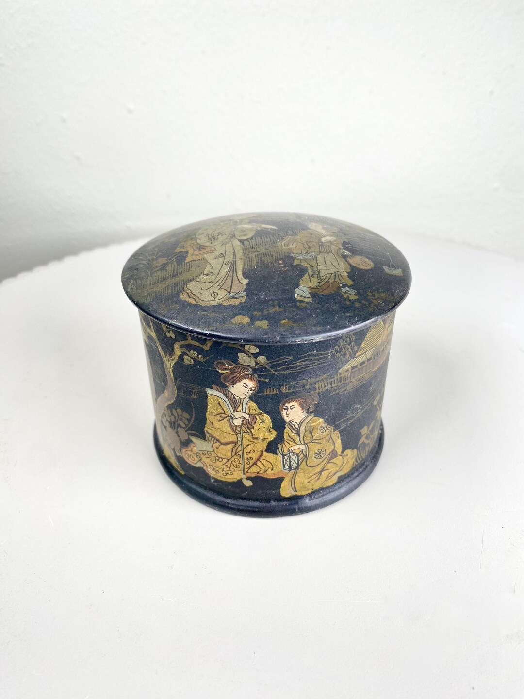 Small Asian Vintage Black & Gold Hat Box Oriental Jewelry Jar With ...