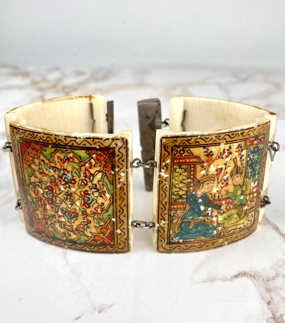 Persian Antique Bone Panel Story Bracelet W/ Hand-painted Middle ...