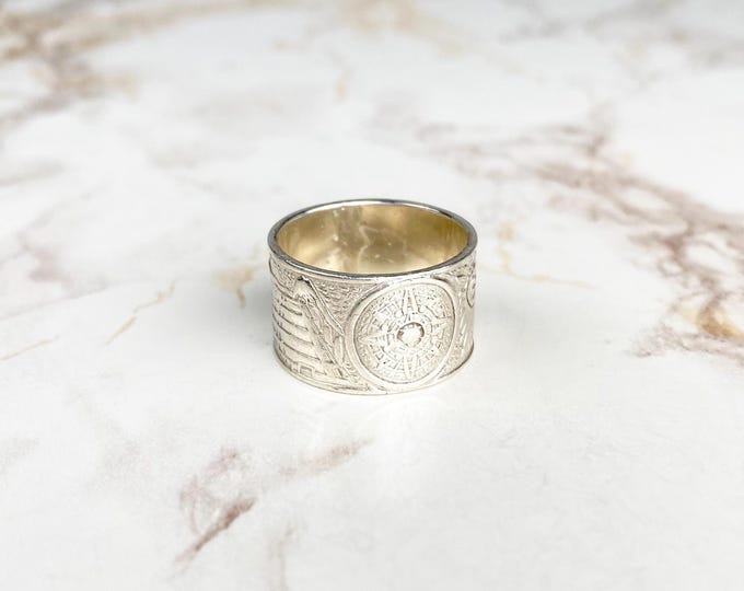 Vintage Mexican Silver Aztec Calendar Ring - Wide Sterling Silver Aztec ...