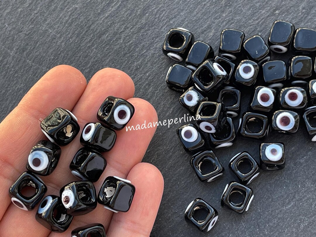 1 Glass Evil Eye Square Bead Black Cube Evileye Beads Handmade Amulet ...