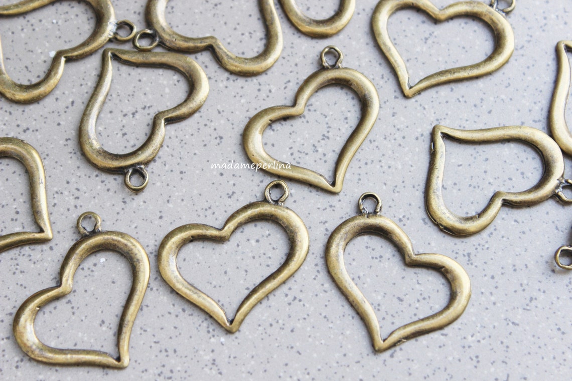 4 Heart Pendants Bronze plated corner bail loop hoop Turkish | Etsy
