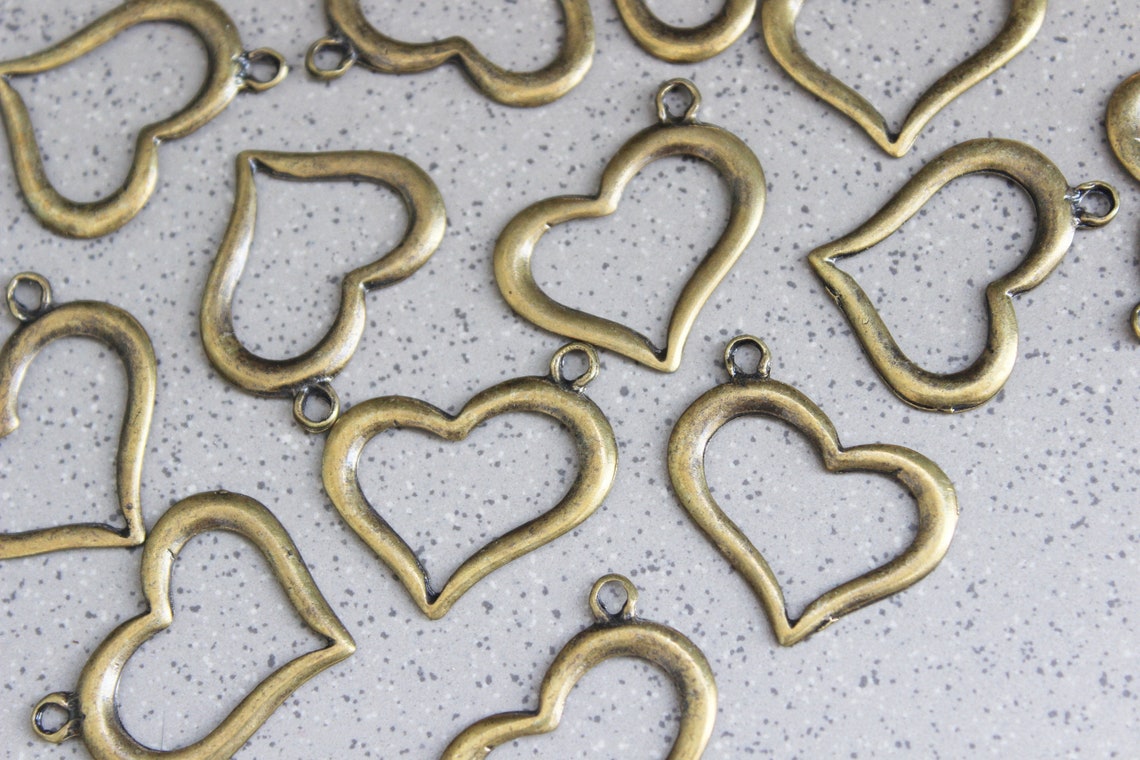 4 Heart Pendants Bronze plated corner bail loop hoop Turkish | Etsy