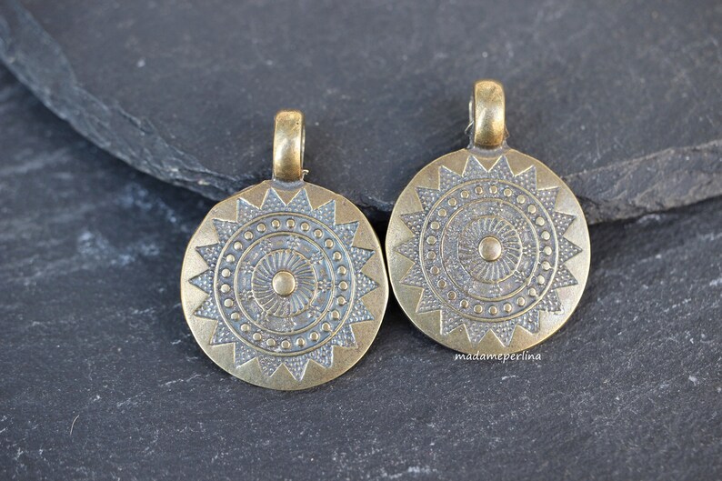 2 Mandala Sun Pendants Bronze plated Ethnic coin tribal | Etsy