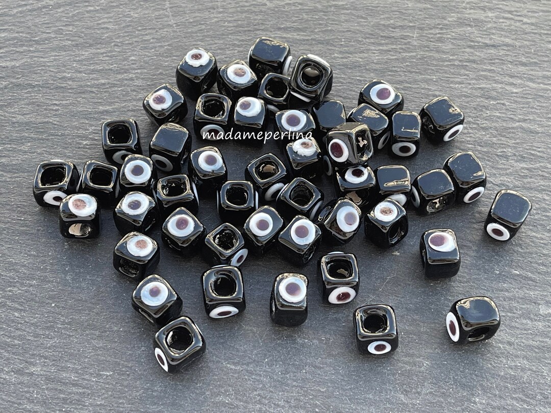 1 Glass Evil Eye Square Bead Black Cube Evileye Beads Handmade - Etsy