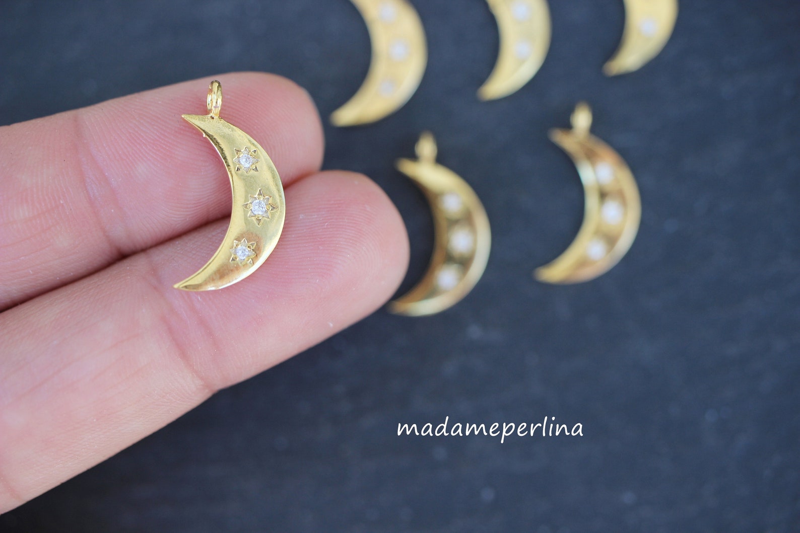 1 Cz Half Moon Charm crescent pendant 24k Gold Plated micro | Etsy