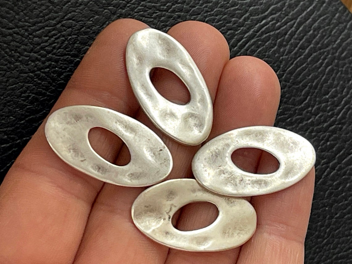 4 Large Oval Disc Spacer Beads 30mm Matte Silver Plated Wavy Organic ...