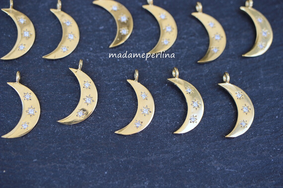1 Cz Half Moon Charm crescent pendant 24k Gold Plated micro | Etsy