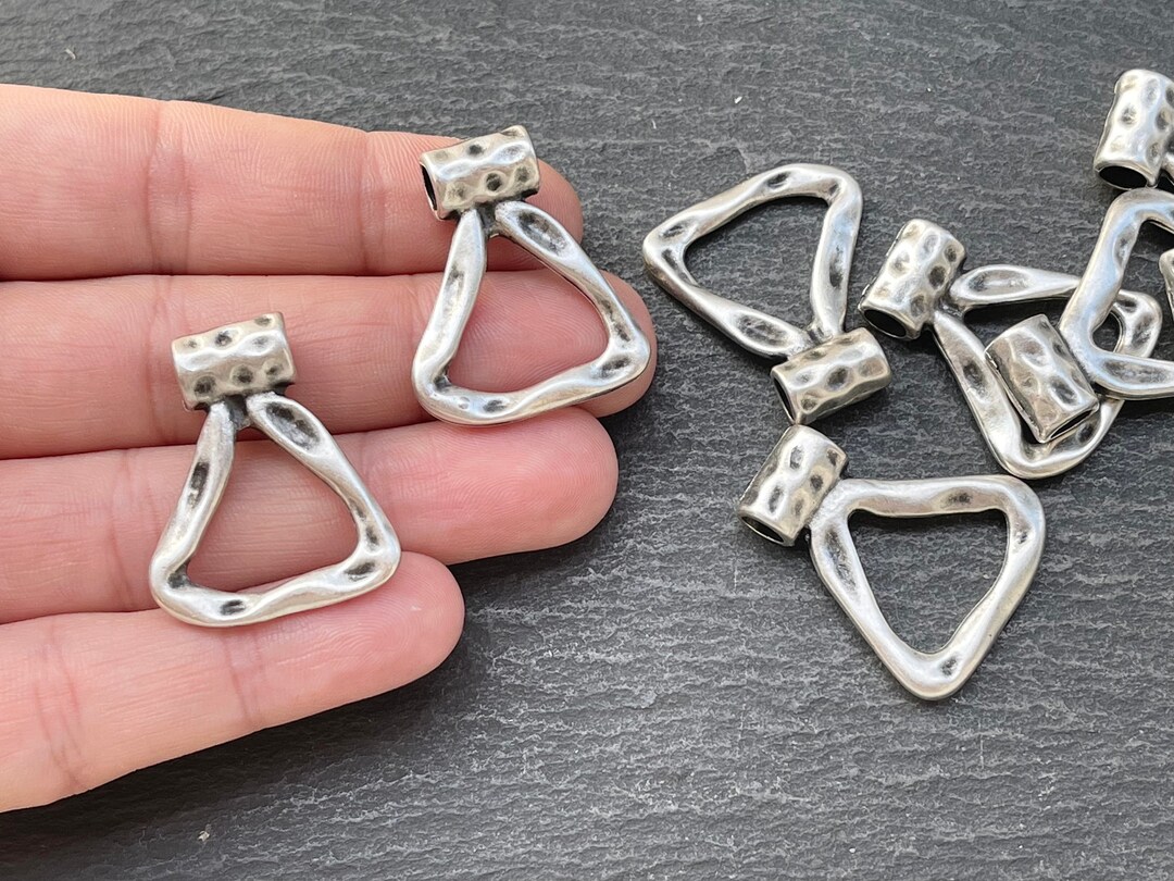 2 Triangle Pendants Hammered Matte Silver Plated Large Bail for Cord ...