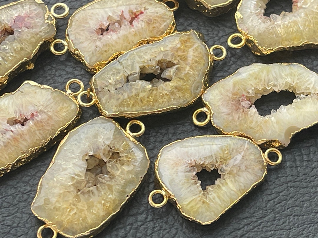 1 Agate Druzy Connector Gold Electroplated Edged Beige Drusy Yellow Slab Slice Turkish Jewelry ...