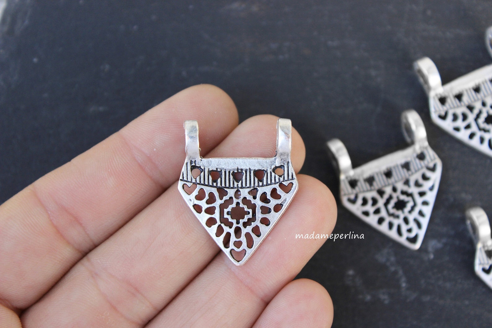 2 Triangle Pendants Silver plated triangular Boho Ethnic | Etsy