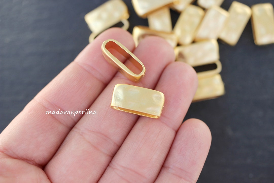 2 Rectangle Cord Spacer Beads 24K Matte Gold Plated Charms Flat Wide ...