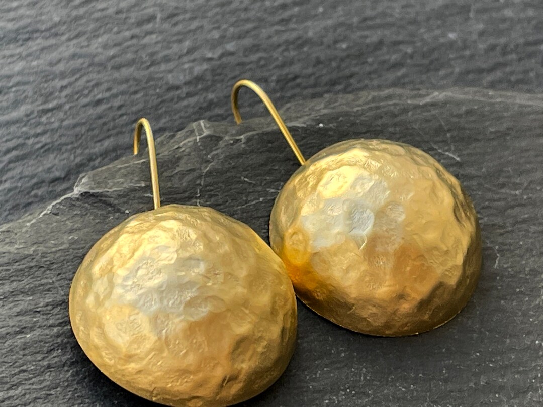 Hammered Dome Earrings 24K Matte Gold Plated Brass Turkish Hand Made ...