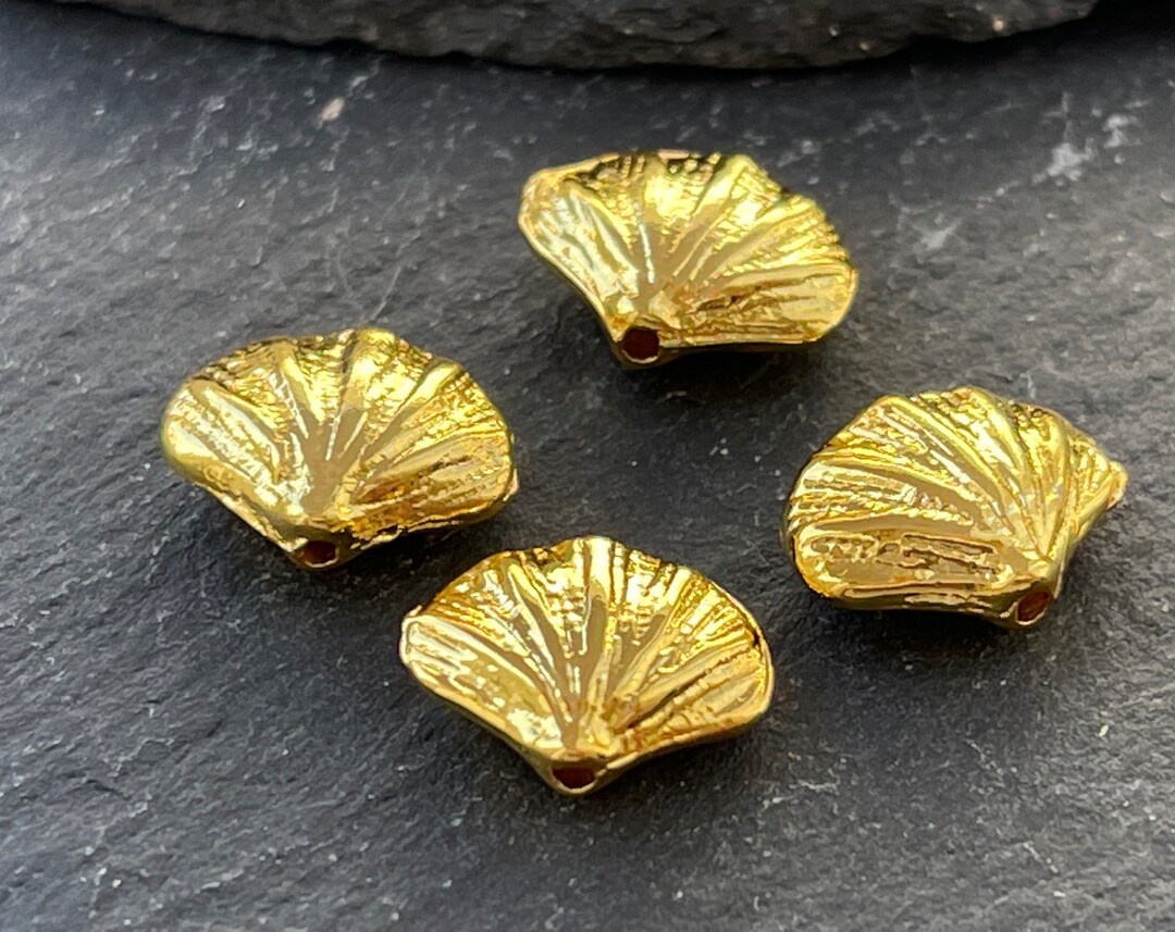 4 Sea Shell Spacer Beads 24K Gold Plated Double Sided Scallop Shells ...