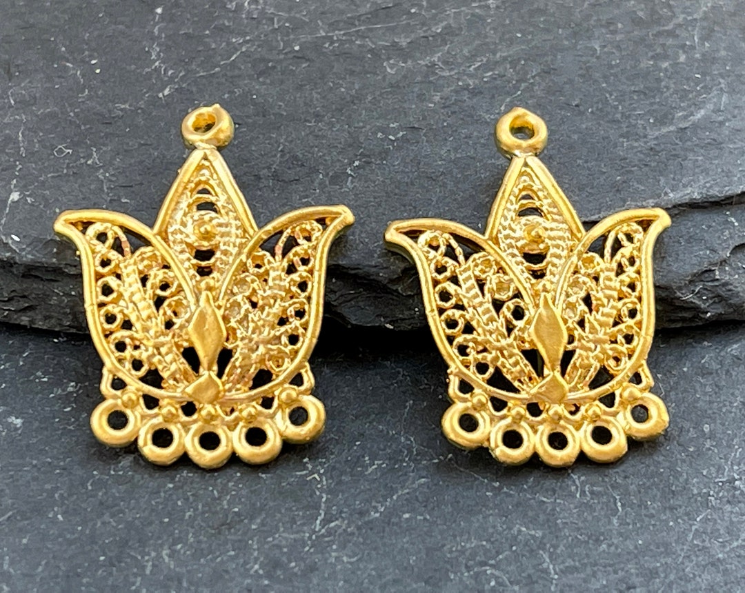 2 Lotus Filigree Pendants 24K Matte Gold Connector Multi Bails ...