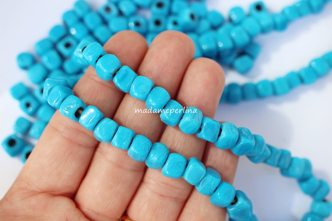 10 Turquoise Blue Glass Square Beads Cube Organic Look Handmade 8mm ...