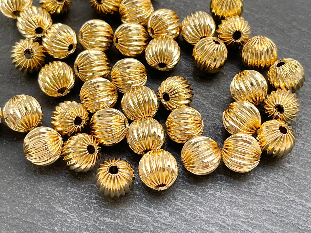 4 Ribbed Beads 24K Gold Plated Corrugated 12mm Spacer Beads Layered ...