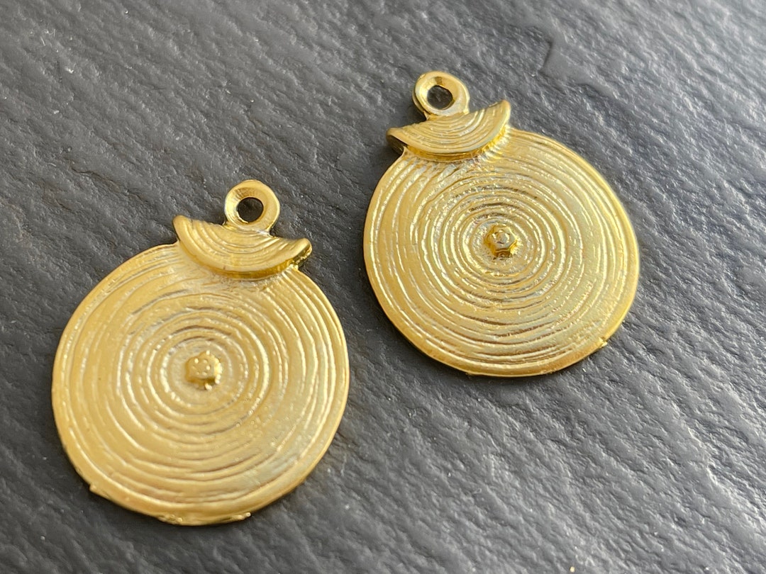 2 Spiral Coin Pendants 24K Matte Gold Plated Layered Helical Turkish ...