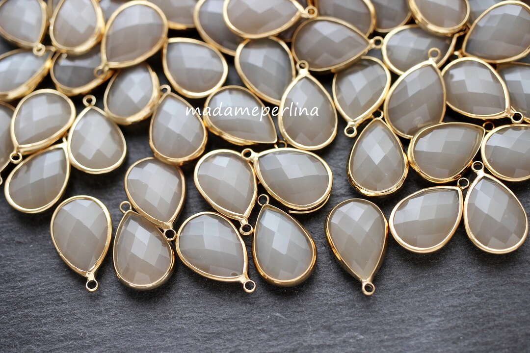 2 Grey Teardrops Glass Bezel Pendants Gold Plated Faceted Drop Gray ...